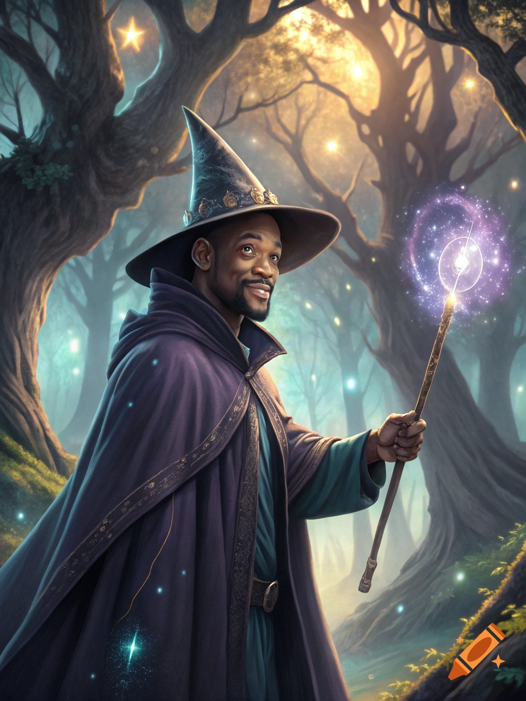 A wizard in a dark robe and hat holds a glowing staff in a magical ...