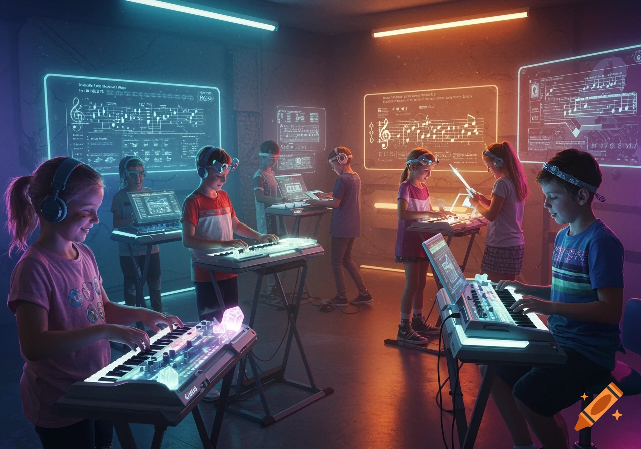 Children play futuristic synthesizers in a neon-lit music classroom ...