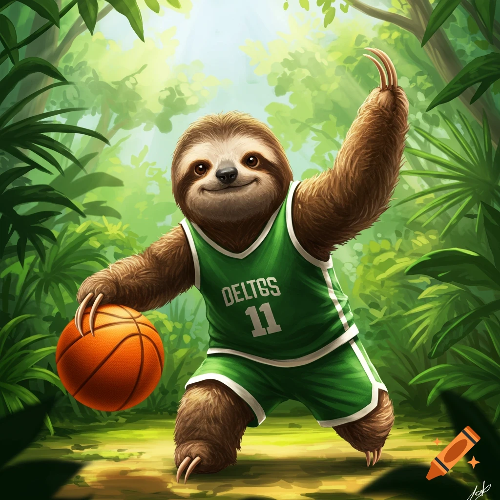 Cartoon sloth in green basketball uniform with number 11 dribbling a ...