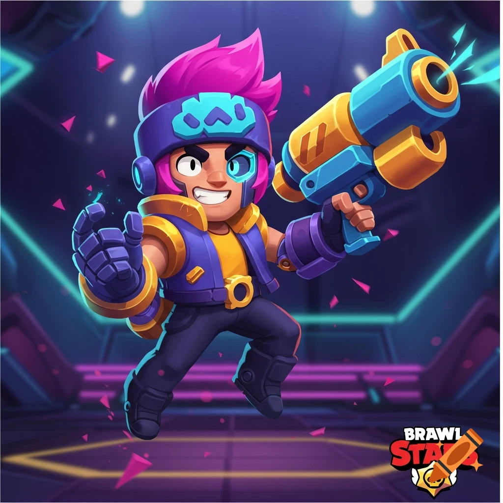 Cartoon character Kit from Brawl Stars with pink hair and a gun in a ...