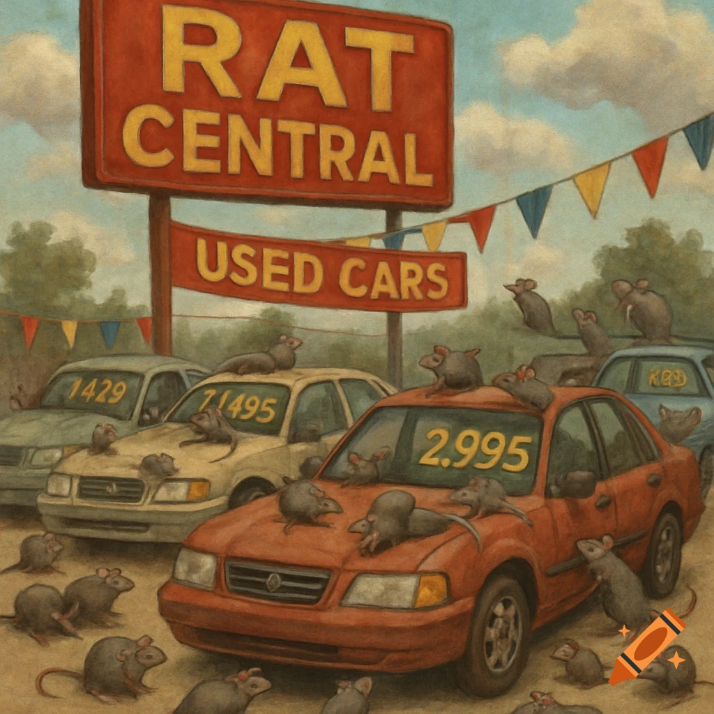 An illustration of a used car lot called Rat Central overrun by rats ...