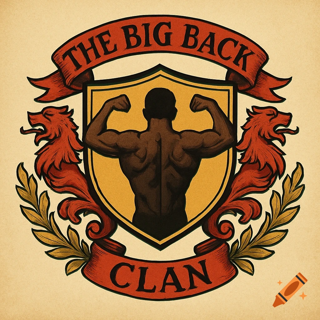 A coat of arms featuring a muscular back within a shield, flanked by ...