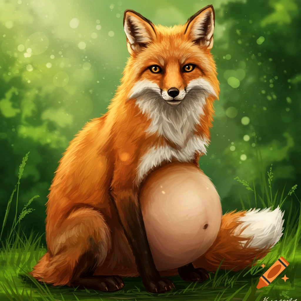 Illustration of a pregnant fox sitting in a forest clearing. on Craiyon