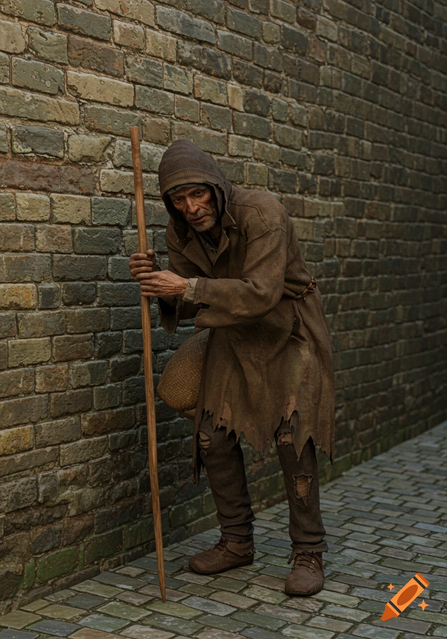 A ragged man in medieval clothing leans on a staff in a brick alley. on ...