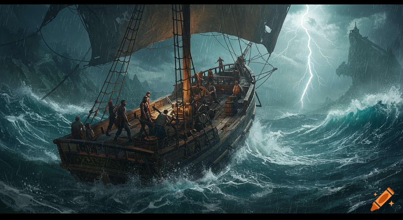 A pirate ship battles a stormy sea with lightning and large waves ...
