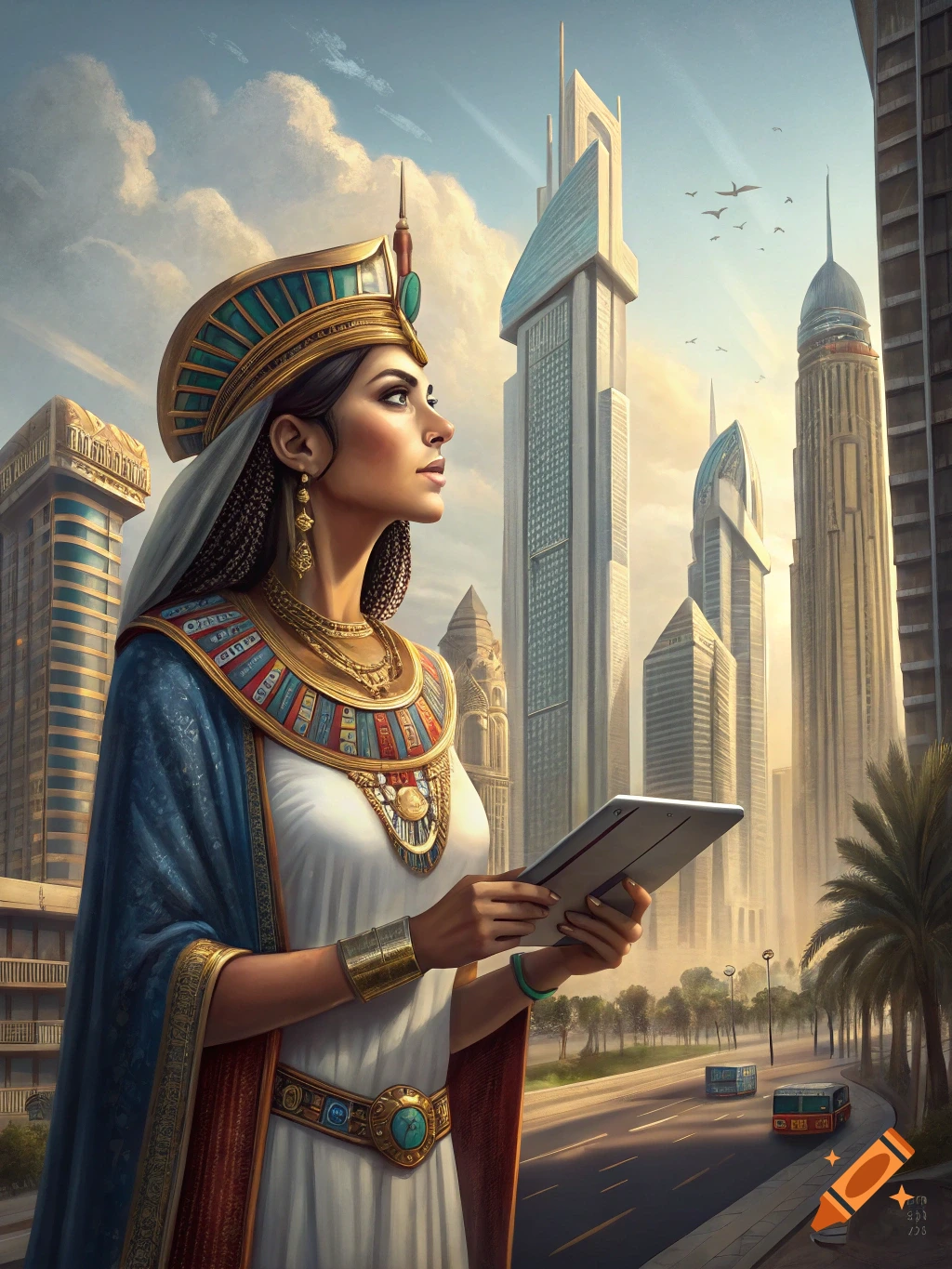 Cleopatra in ancient Egyptian attire holds a tablet, looking over a ...