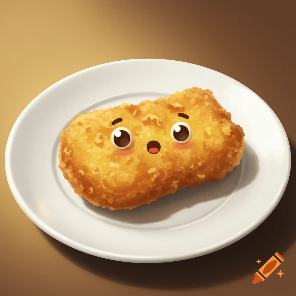 Cartoon chicken nugget with a face on a white plate on Craiyon