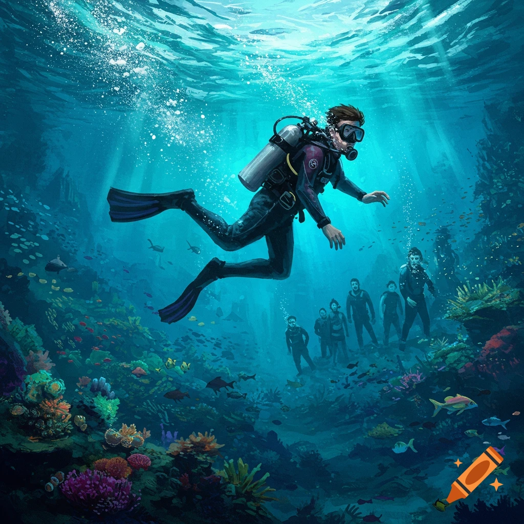 Scuba diver swimming away from a group of divers in a colorful coral ...