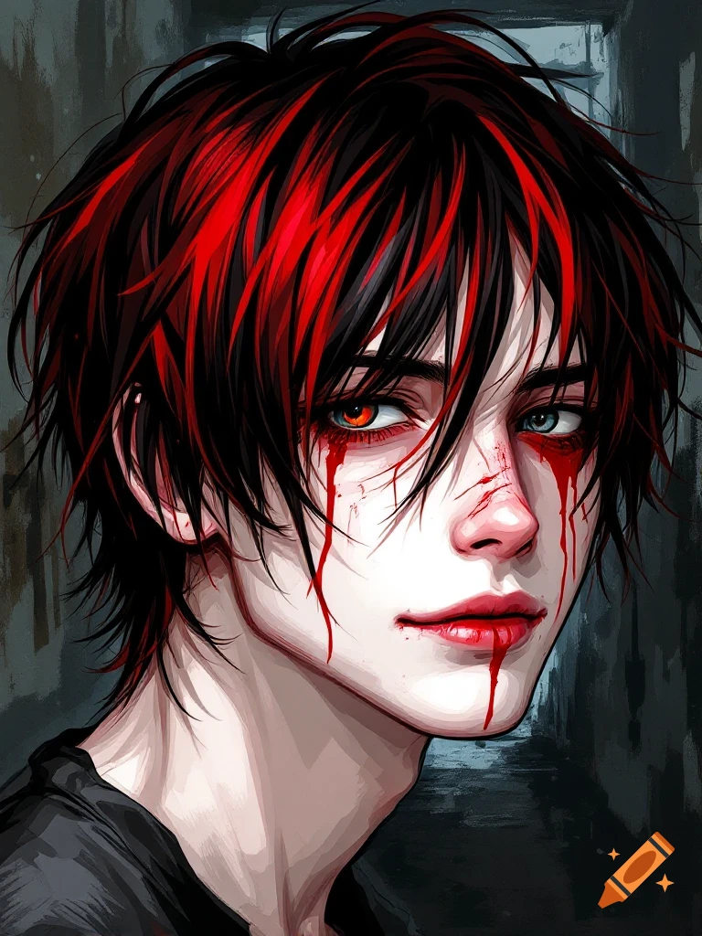 Illustration of an emo young man with red and black hair and blood ...