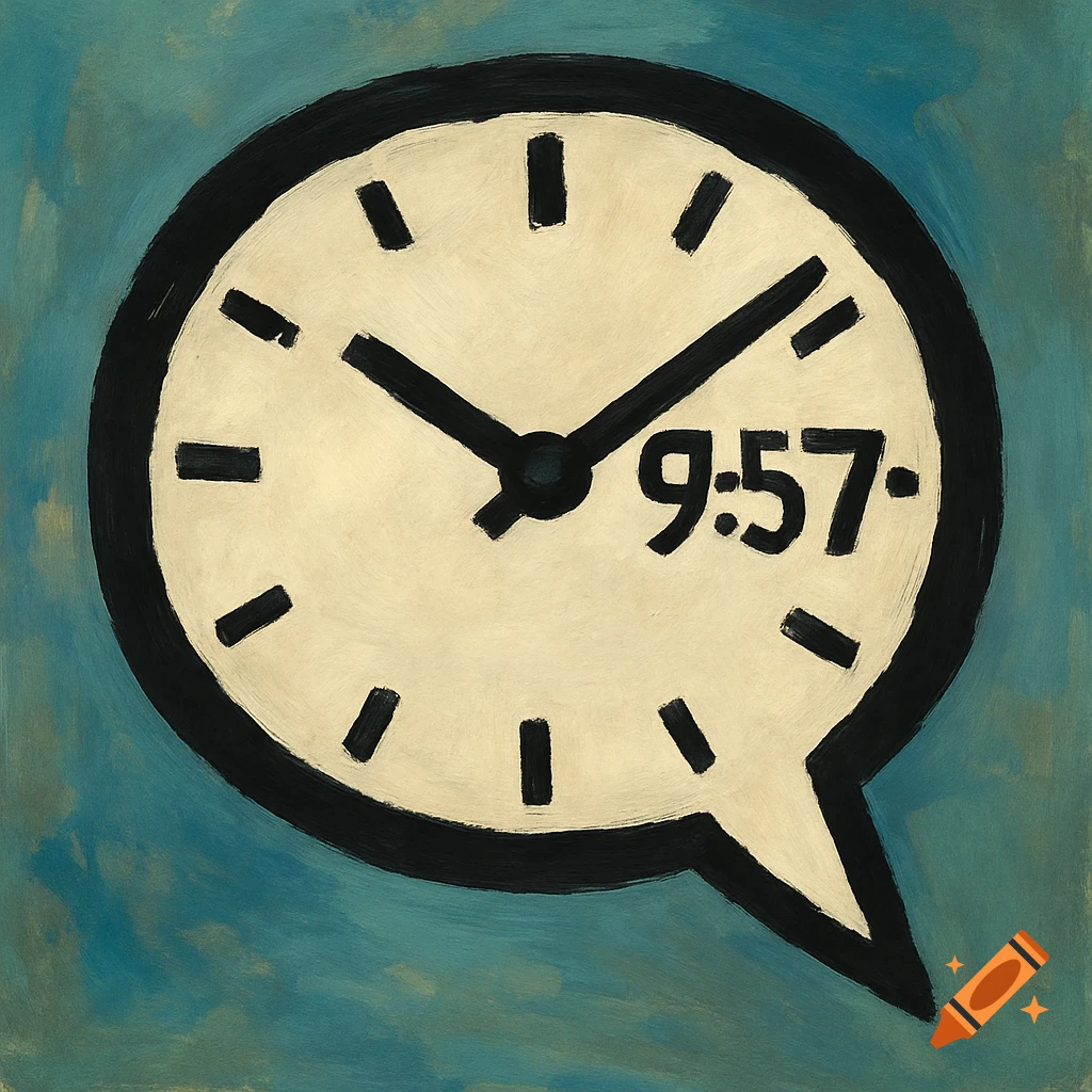 A painted clock in a speech bubble shows the time 9:57 on Craiyon
