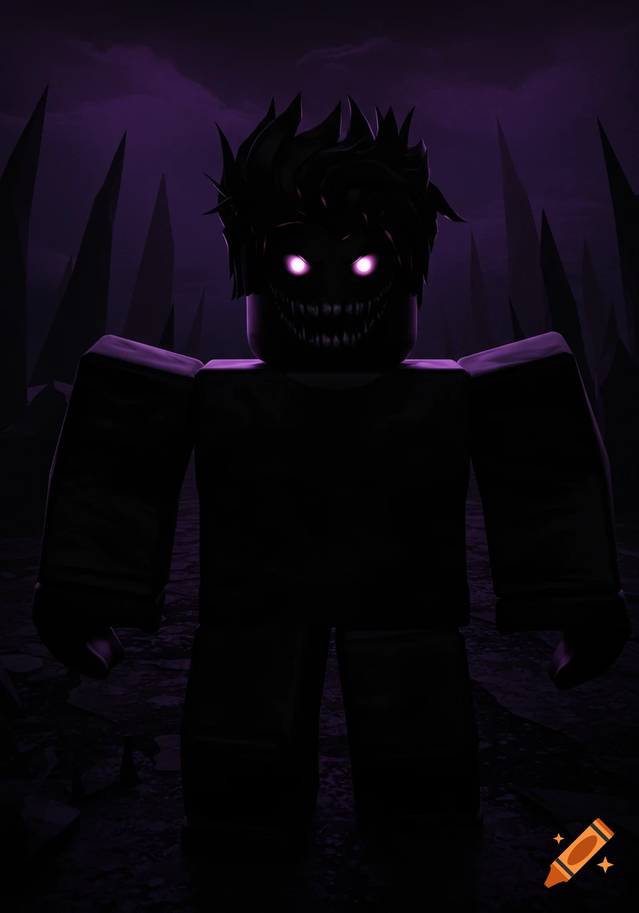 A dark, scary Roblox character with glowing purple eyes and sharp teeth ...