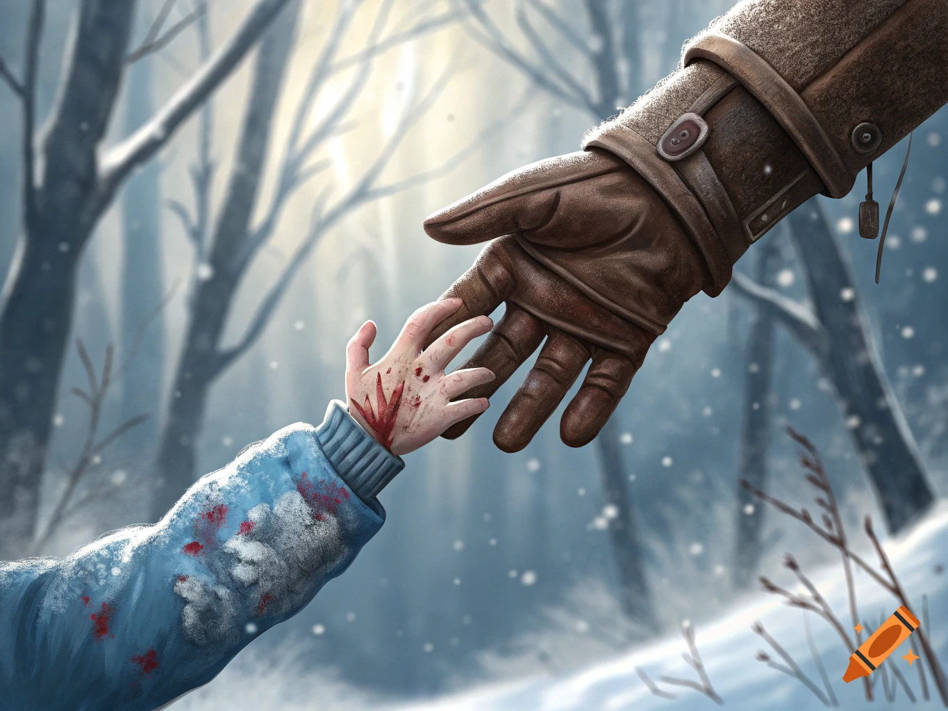 A gloved adult hand reaches toward a child's injured hand in a snowy ...