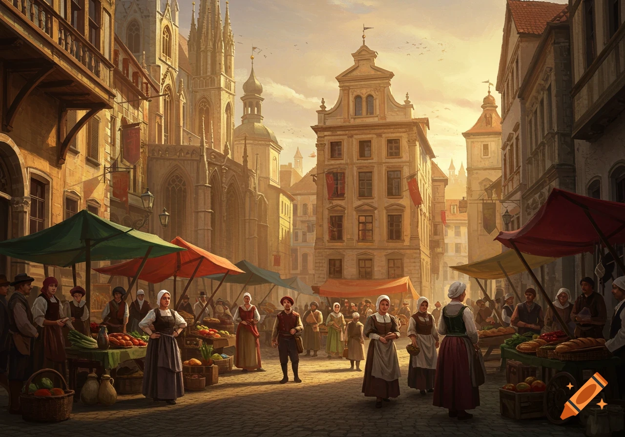 A busy market square in a historical European city with people, stalls ...