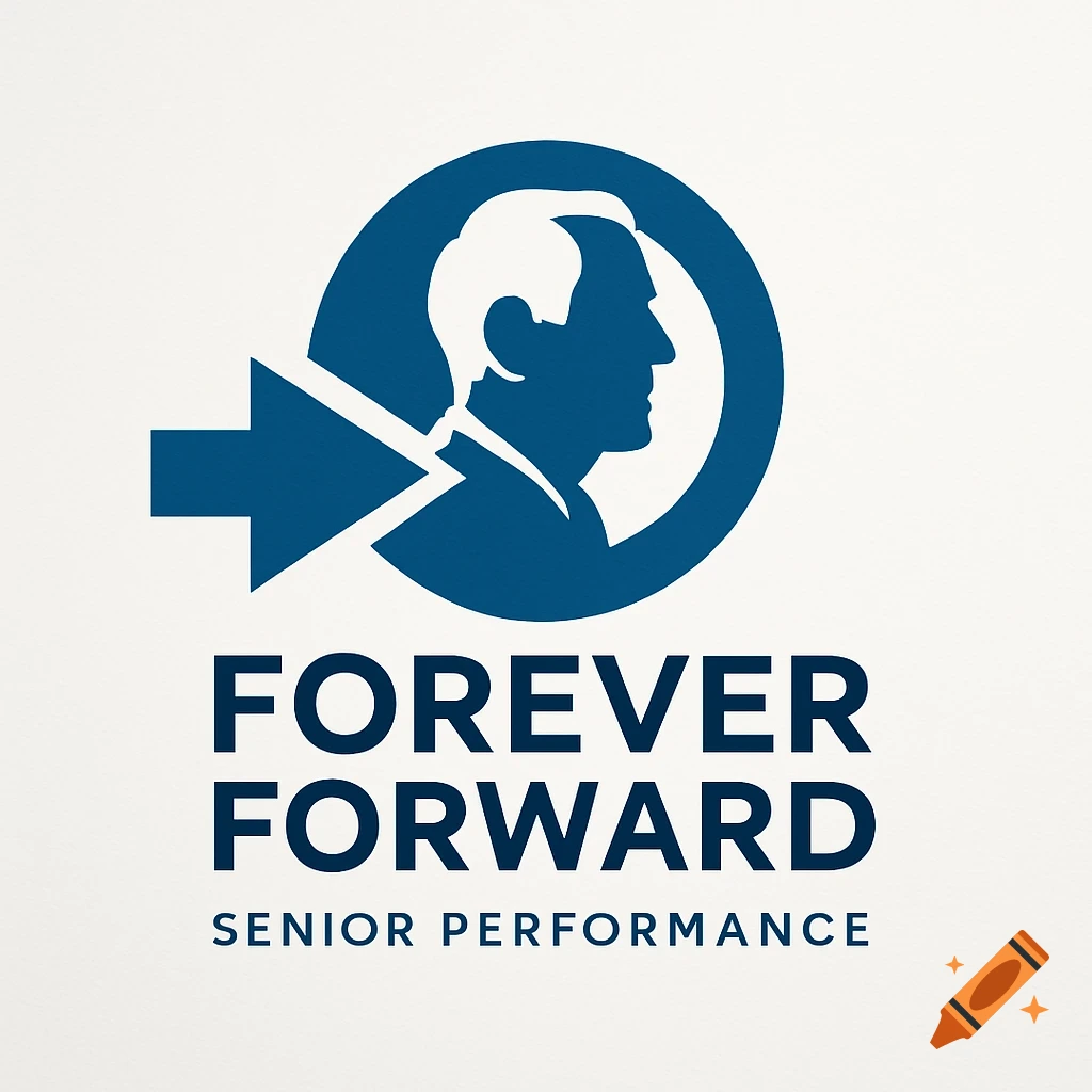 Blue logo with man's silhouette, arrow, and text Forever Forward Senior ...