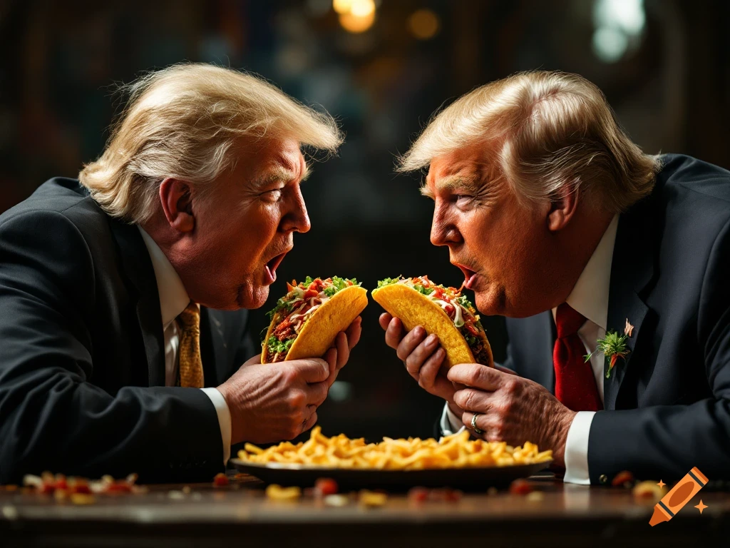 Two figures resembling Donald Trump eat tacos while gazing at each ...