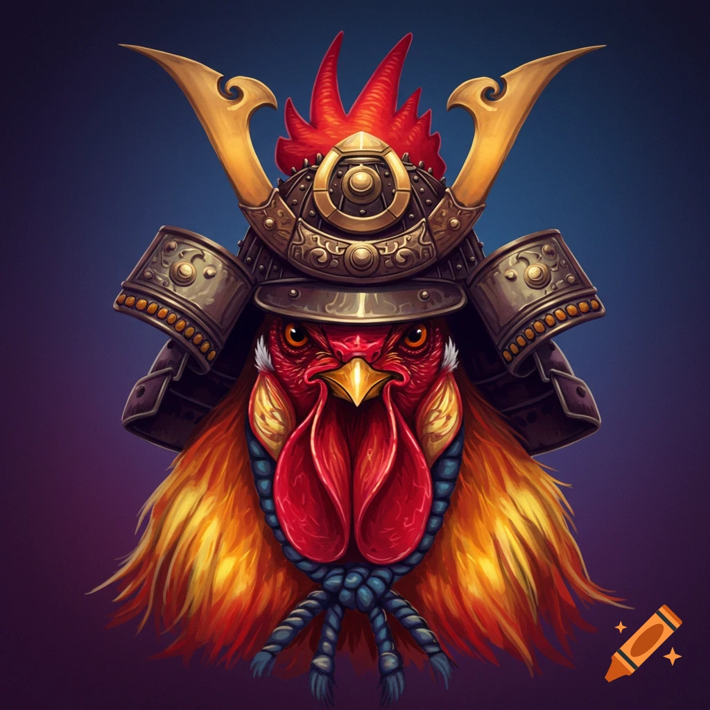 Stylized illustration of a rooster wearing samurai armor. on Craiyon