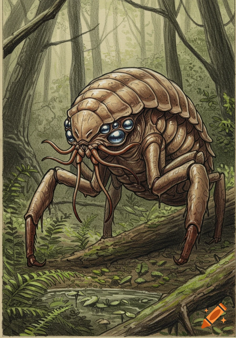 Pencil sketch of a large insectoid creature with multiple eyes and ...