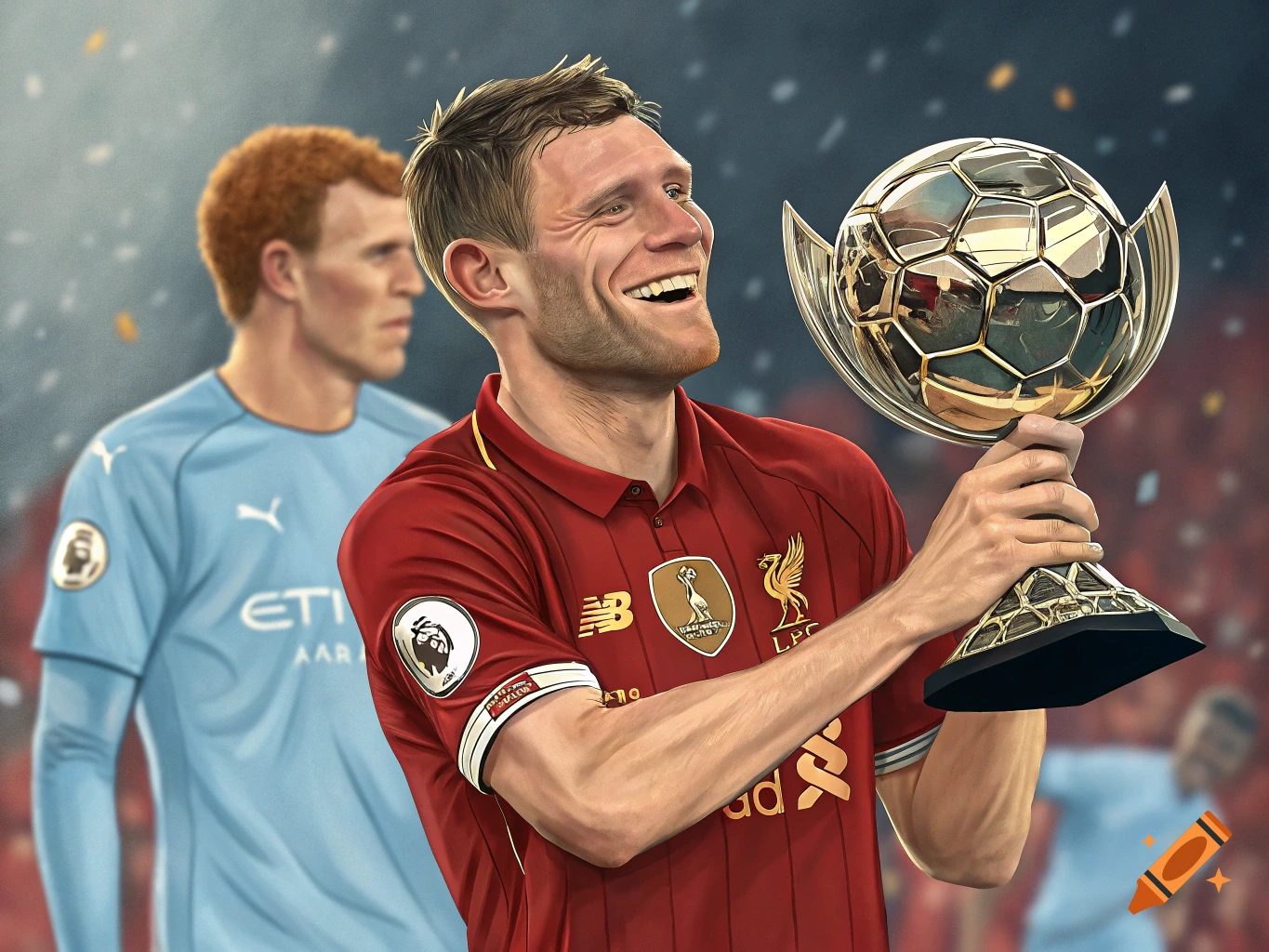 Illustration of James Milner lifting a trophy with Kevin De Bruyne in ...
