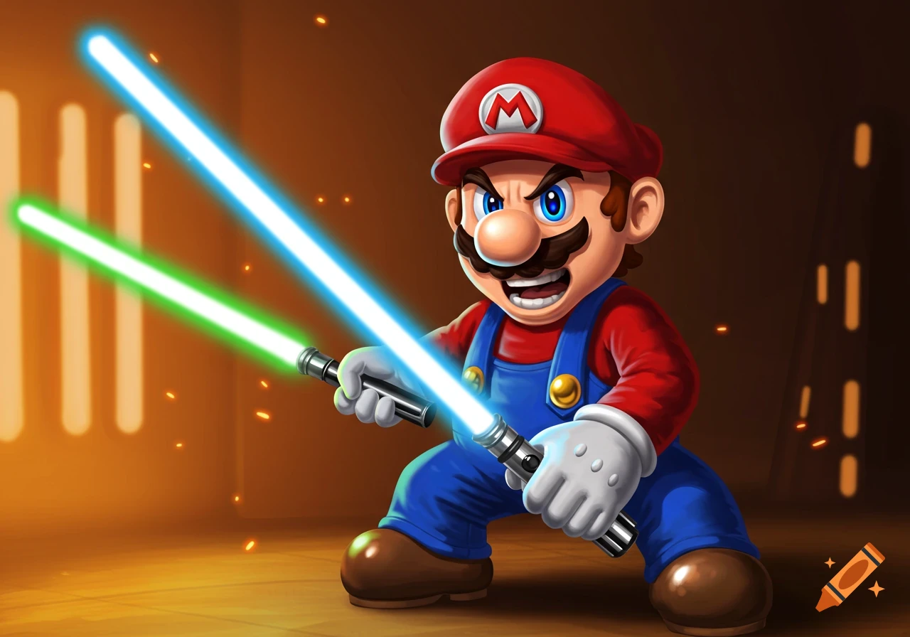 Cartoon Mario holding blue and green lightsabers like Count Dooku on ...