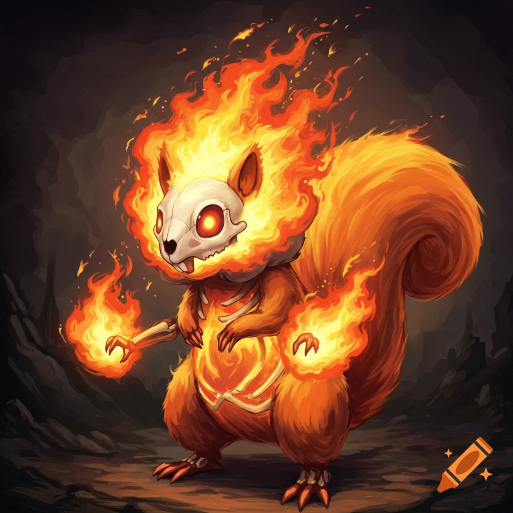 A fiery, skeleton squirrel monster with a skull head, holding fire in its hands, standing on ...