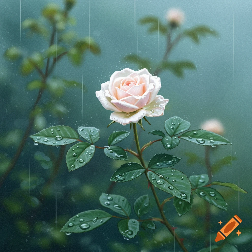 Close-up of a pinkish-white rose with rain droplets on its petals and leaves in a garden. on Craiyon