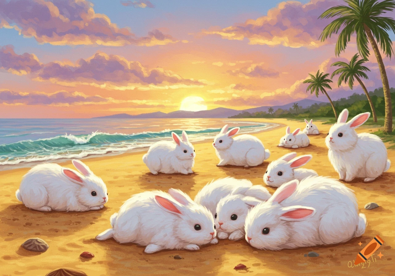 White rabbits sit on a sandy beach watching the sunset over the ocean ...