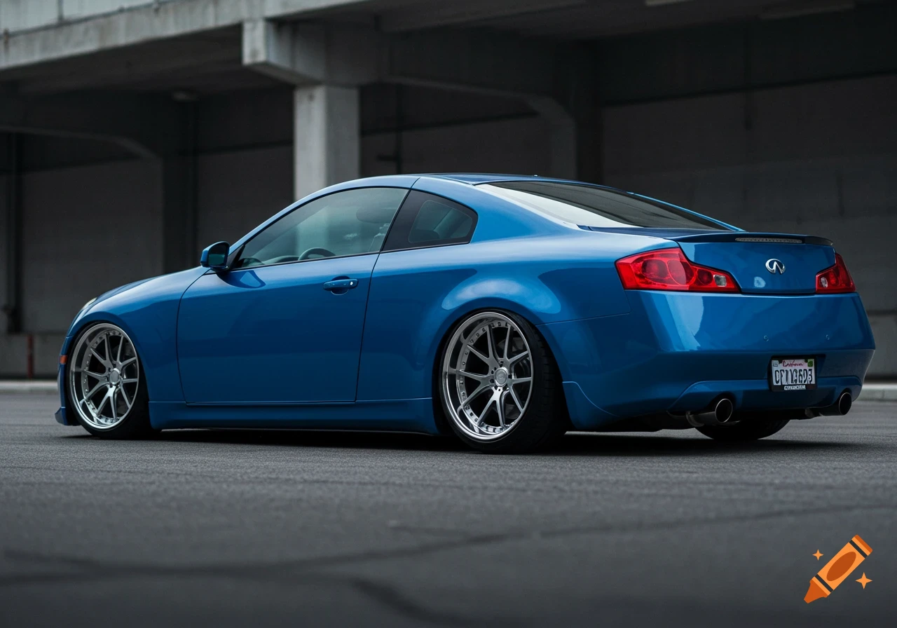 Blue stanced Infiniti G35 coupe parked in a concrete structure. on Craiyon