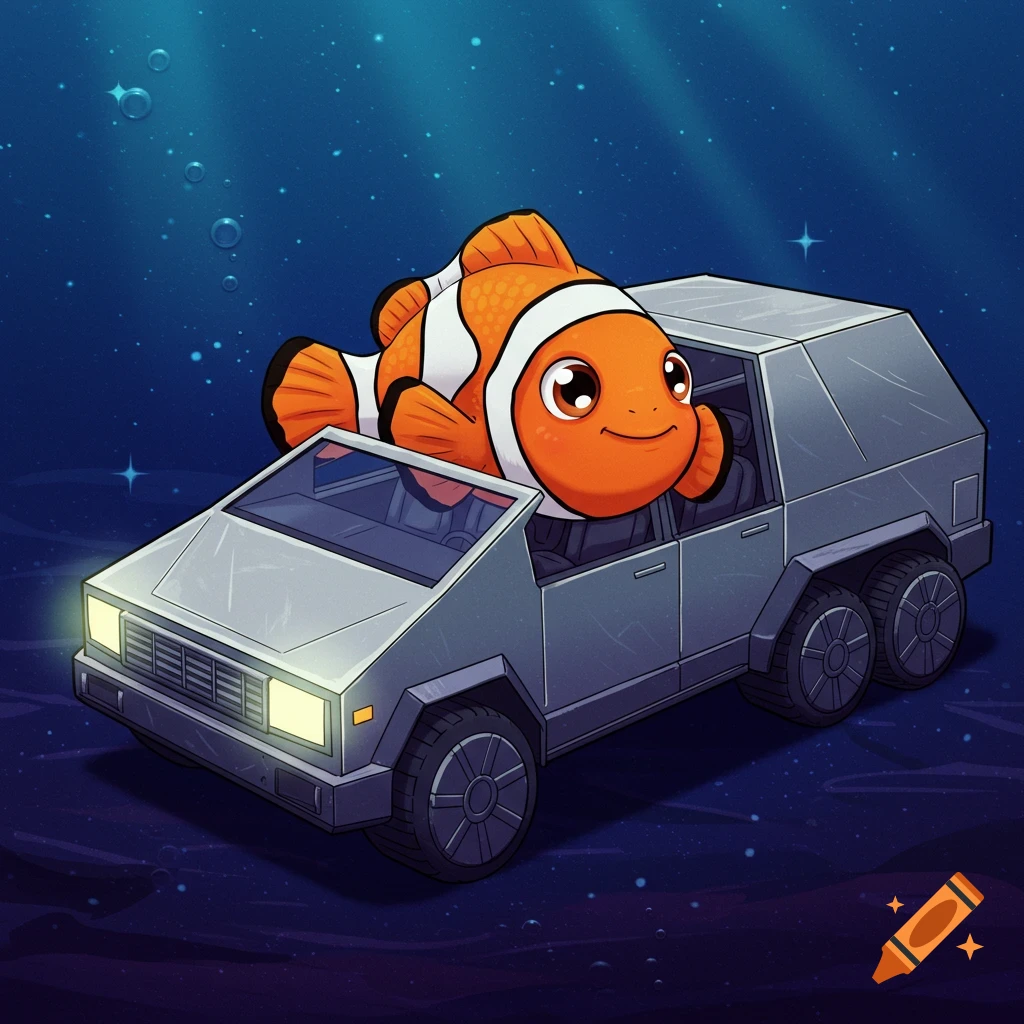 A cartoon clownfish driving a stylized grey truck underwater. on Craiyon