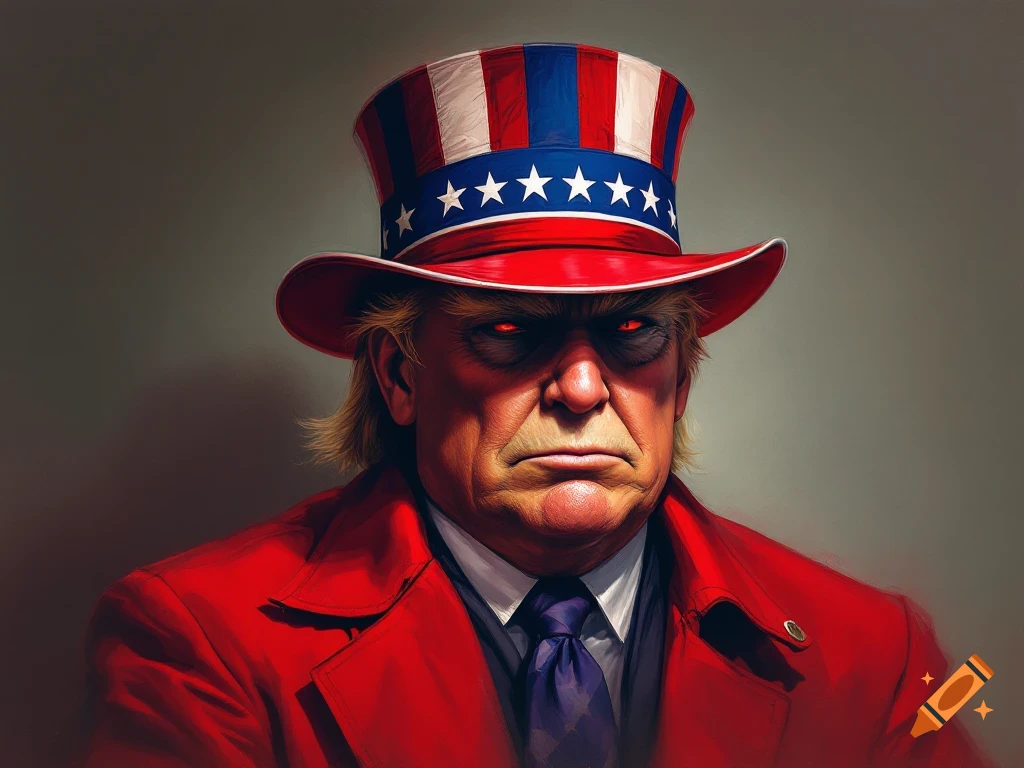 Stern man in US flag top hat and red coat with glowing eyes on Craiyon