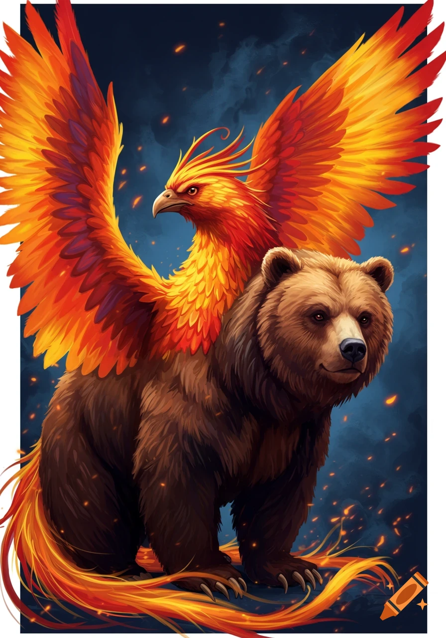 An illustration of a bear with fiery phoenix wings and tail standing on ...