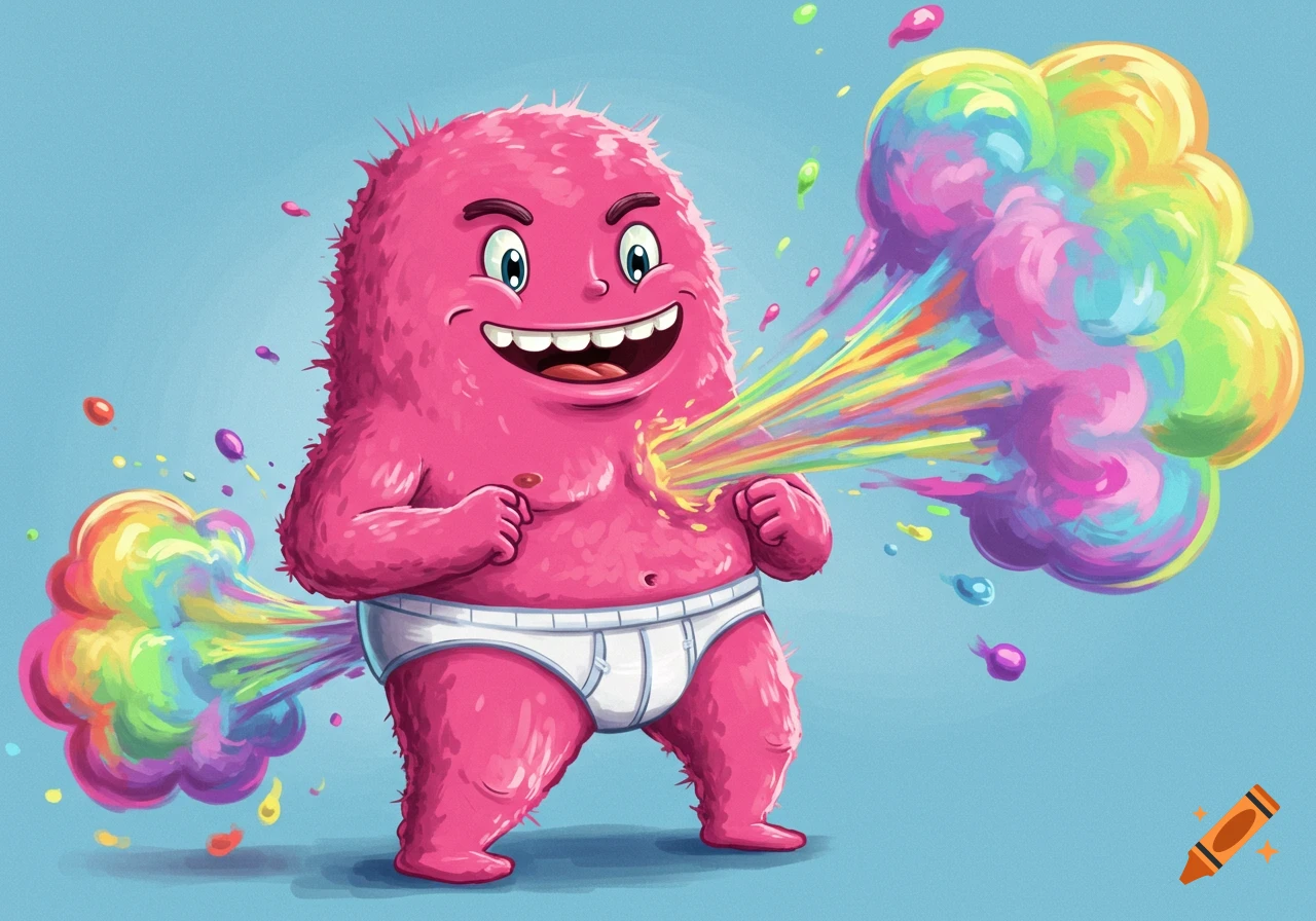 A fuzzy pink cartoon monster in white briefs farts and burps streams of ...