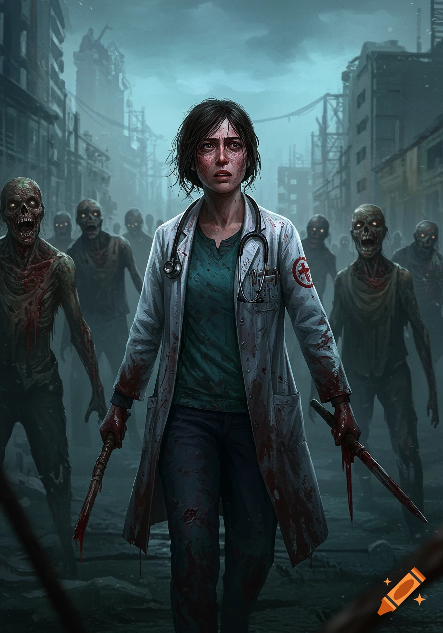 Doctor with weapons surrounded by zombies in a ruined city illustration ...