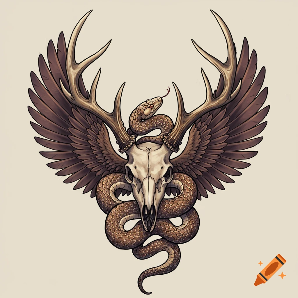 Illustrative design of a deer skull with antlers, wrapped by a snake ...