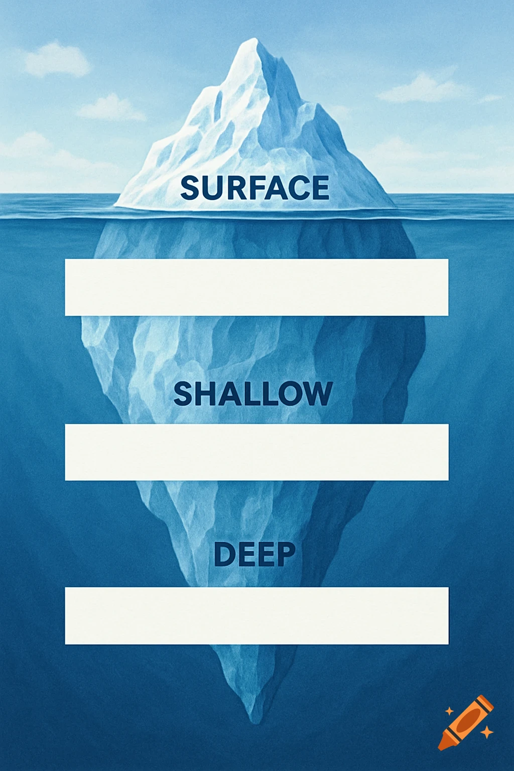 Illustrated iceberg diagram with layers labeled Surface, Shallow, Deep ...