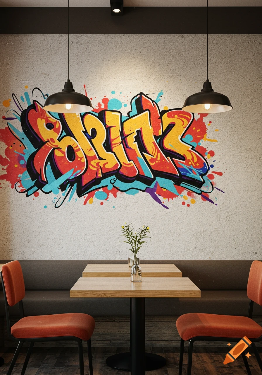 Colorful graffiti art on a cafe wall above tables and chairs. on Craiyon