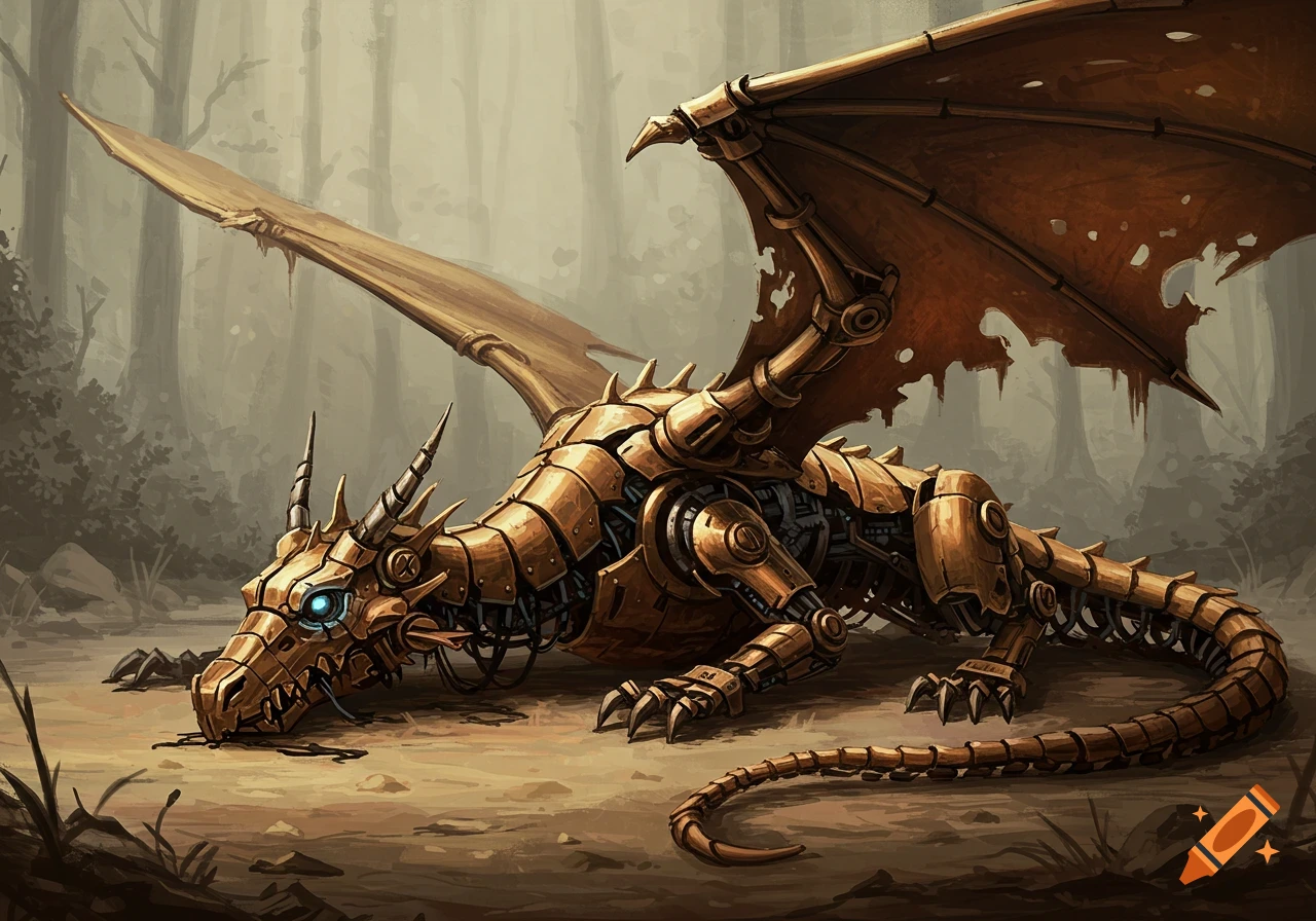 Detailed digital painting of a bronze mechanical dragon lying deactivated on a forest floor. on ...