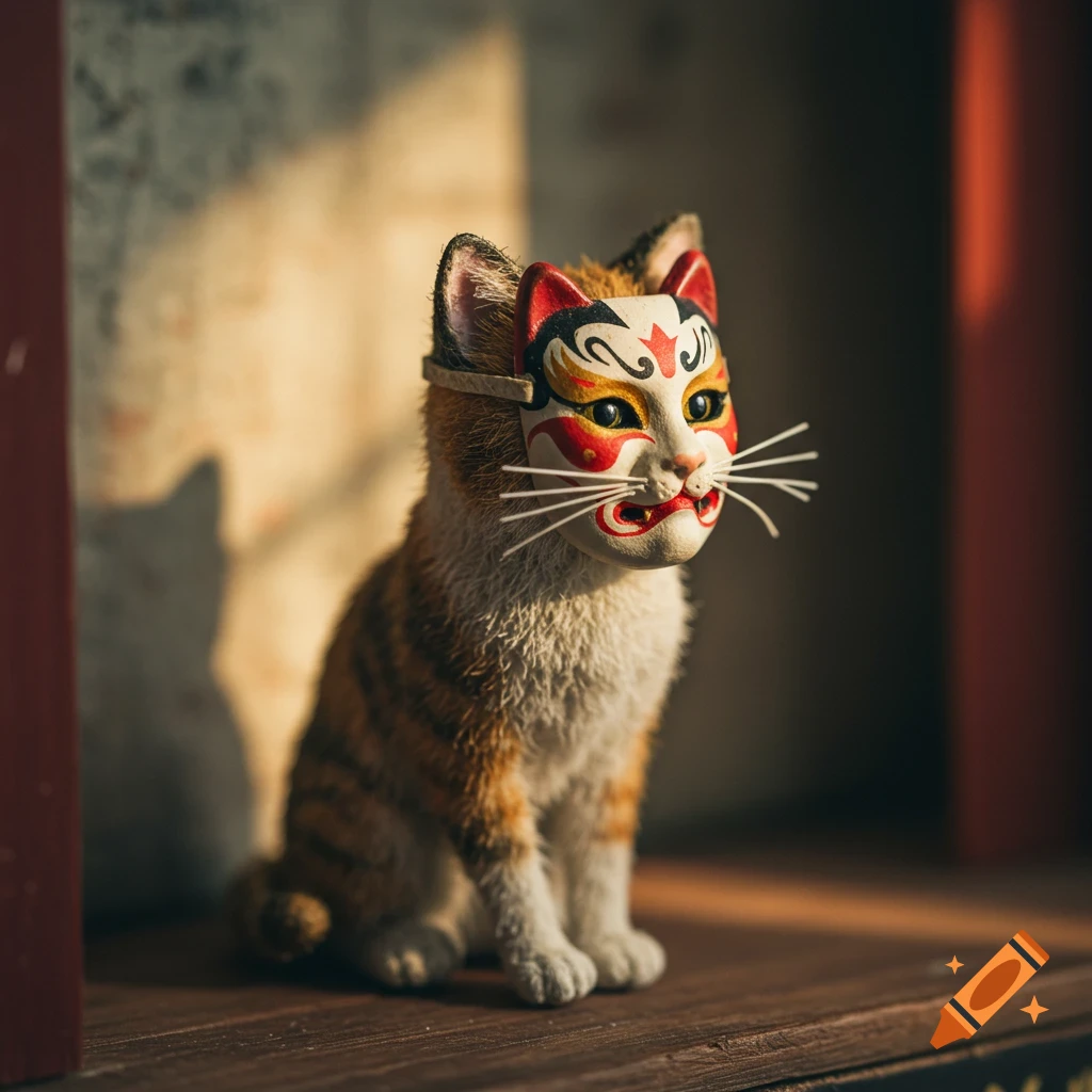 A miniature model of a cat wearing a detailed red and gold kabuki mask ...