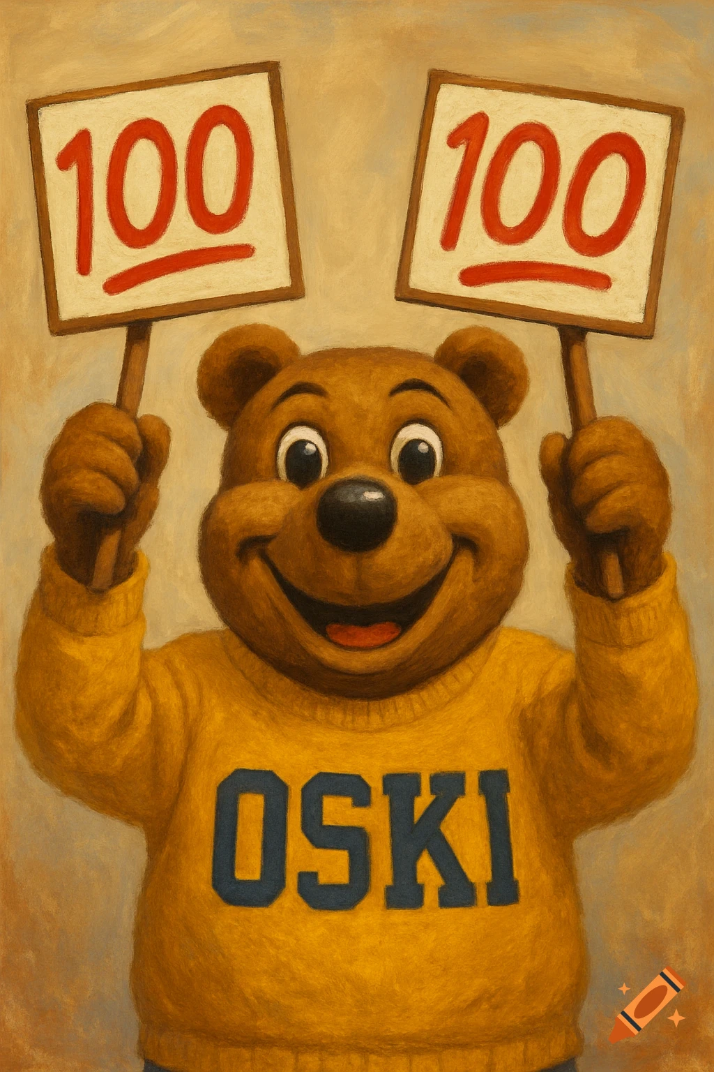 Painting of a smiling brown bear mascot in a yellow sweater holding up ...
