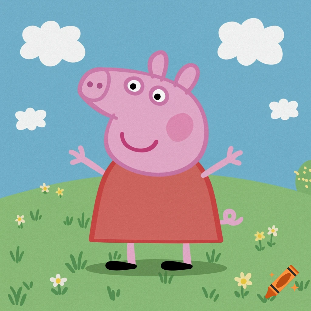 Cartoon of Peppa Pig standing in a grassy field with clouds. on Craiyon
