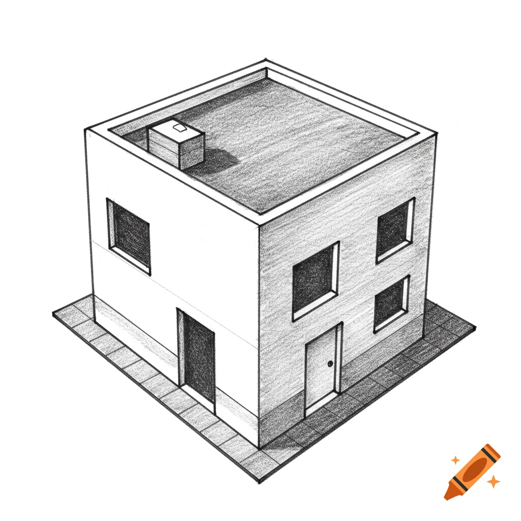 Black and white pencil sketch of a simple cube house with a flat roof ...