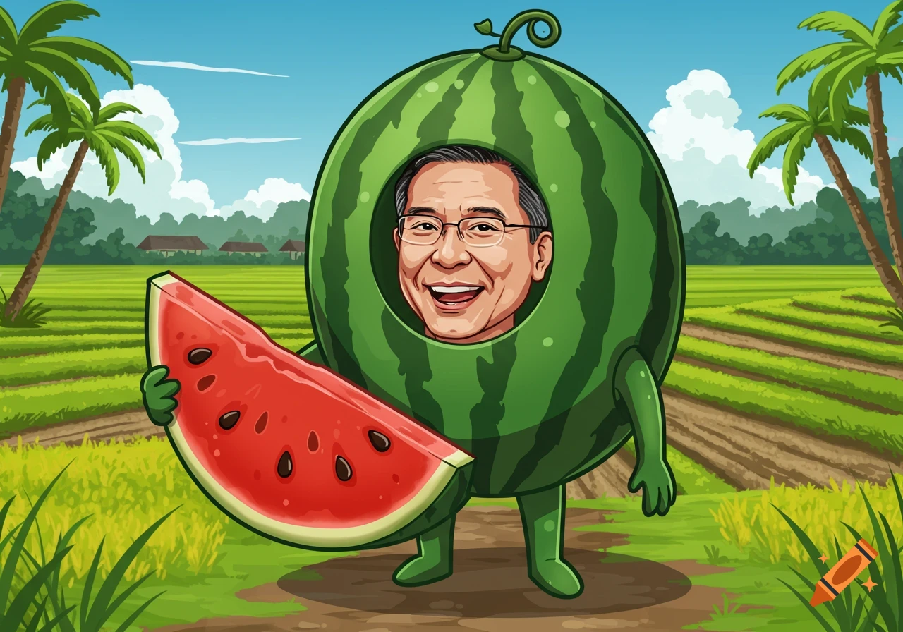 Cartoon of a man in a watermelon costume holding a slice of watermelon in a field. on Craiyon