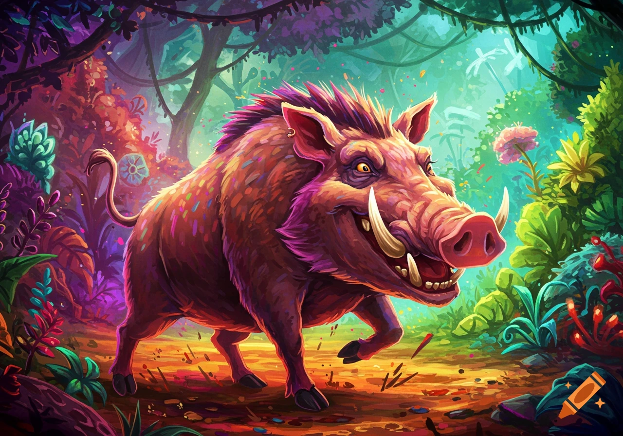 A stylized, colorful illustration of a wild boar in a vibrant jungle ...