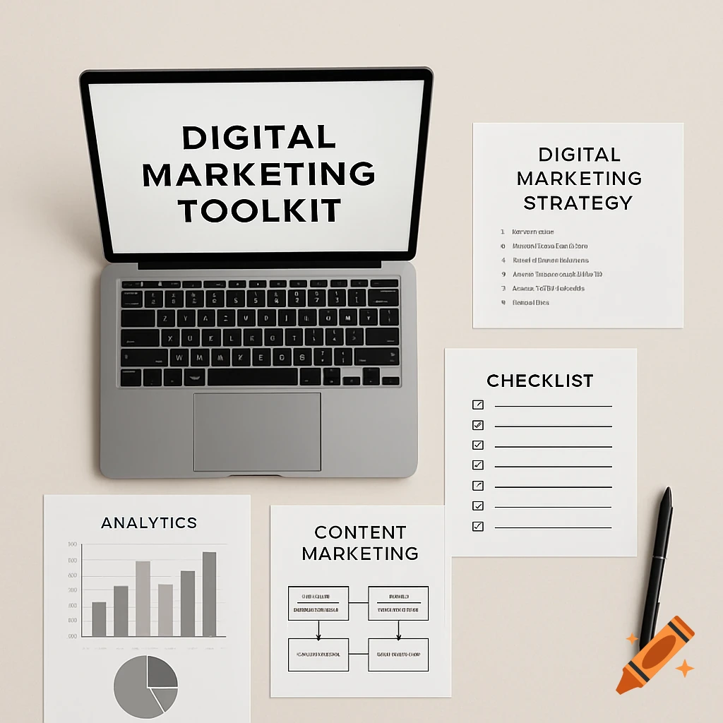 Flat lay of a laptop and digital marketing documents including strategy, checklist, analytics ...
