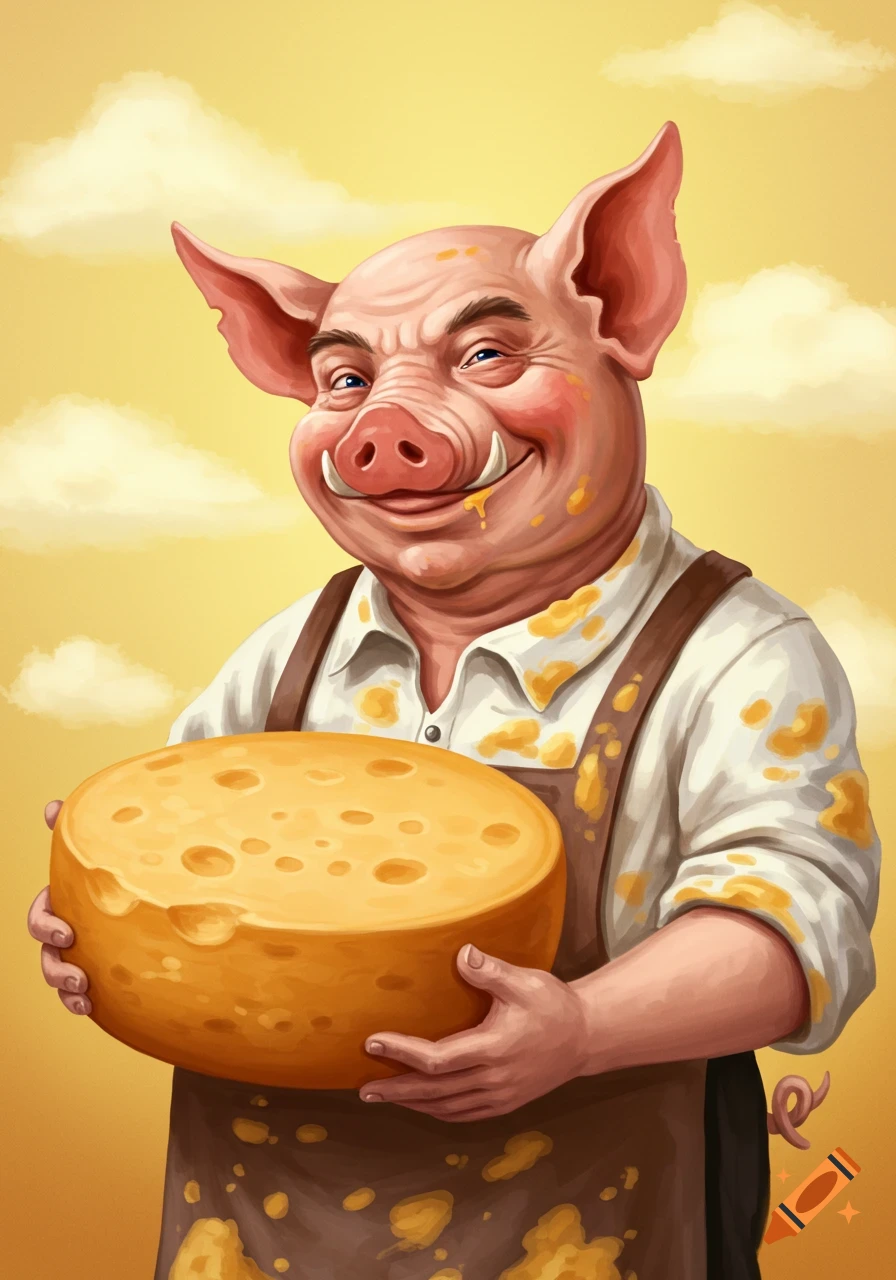 A smiling pig-man character wearing an apron holds a large round of ...