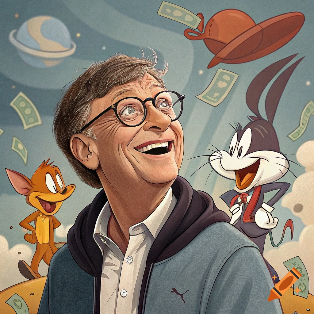 Cartoon illustration of Bill Gates laughing, surrounded by floating ...