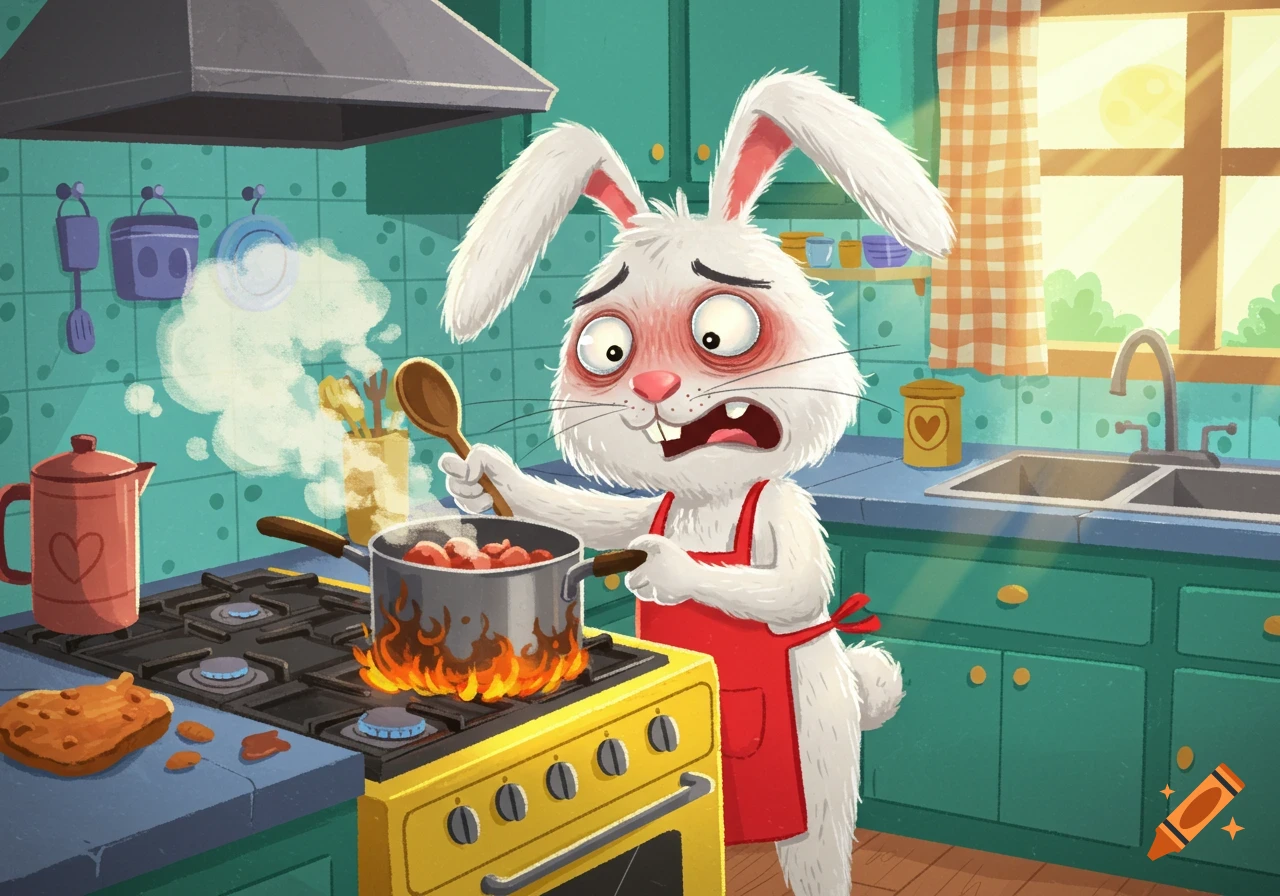 Cartoon rabbit looking frazzled while cooking in a kitchen with a pot ...