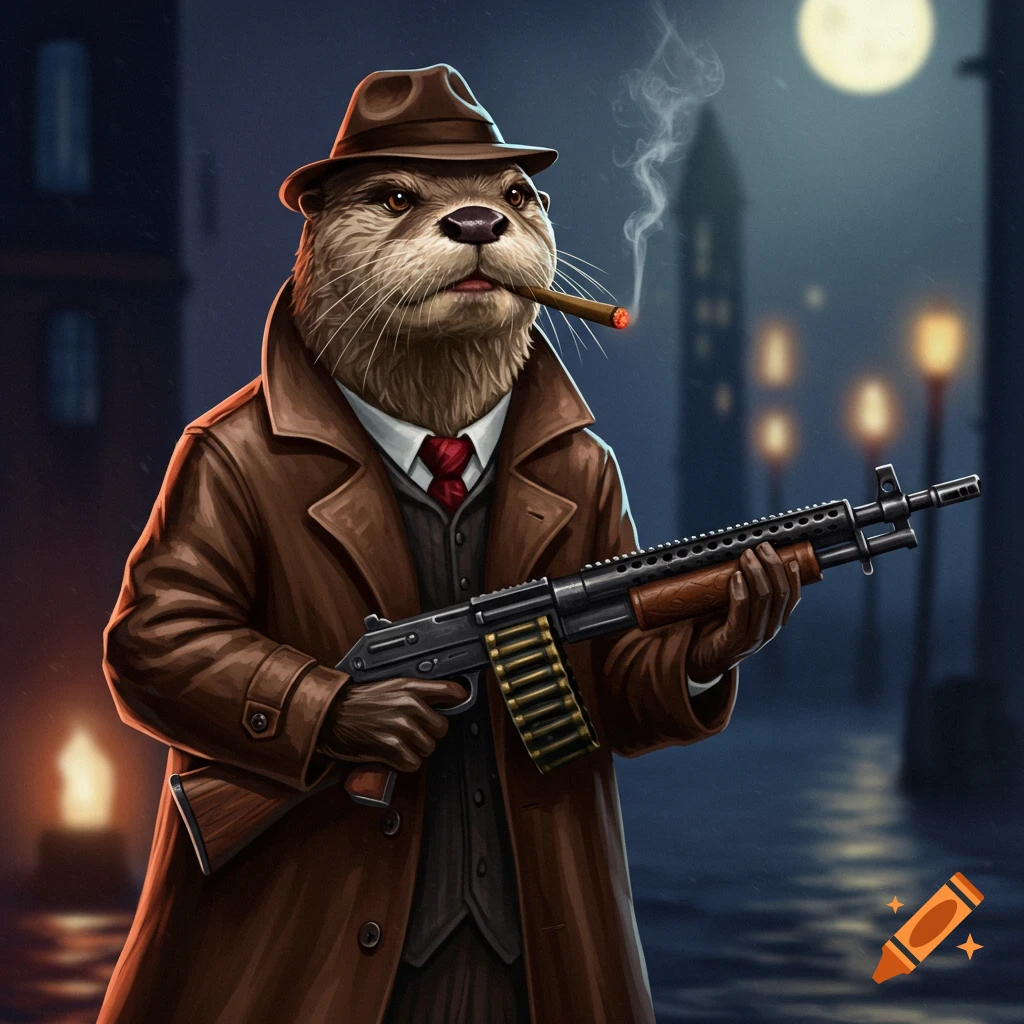 Illustrative portrait of a gangster otter in a suit and hat holding a ...