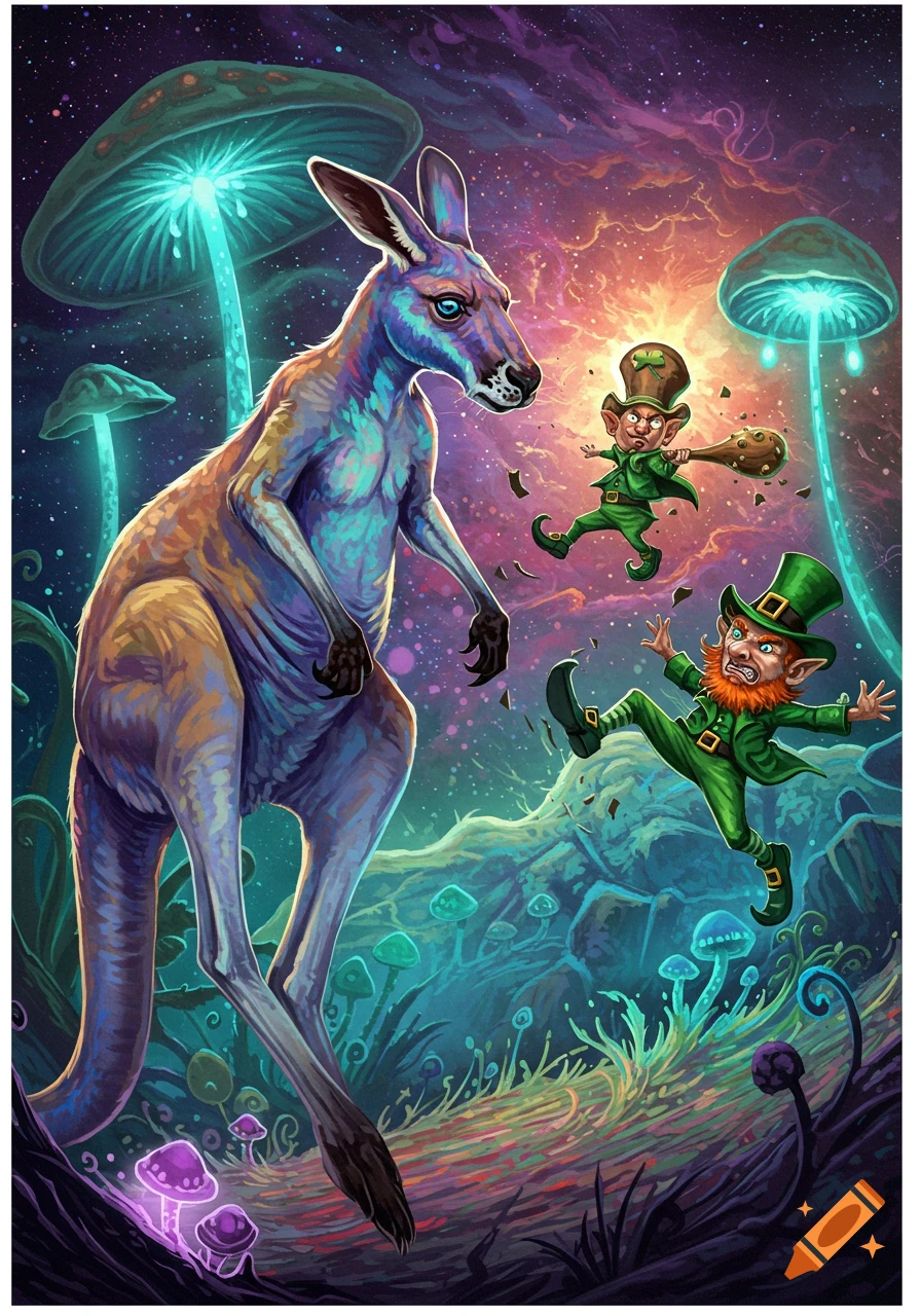 A large, colorful kangaroo stands in a surreal, alien landscape with ...