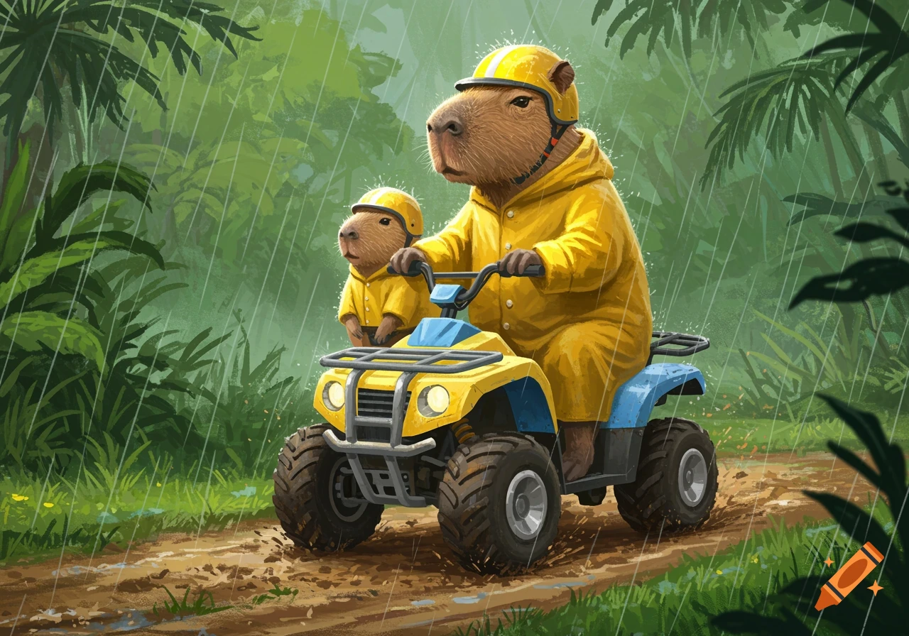 Capybara and child in raincoats ride ATV on muddy path in rain on Craiyon