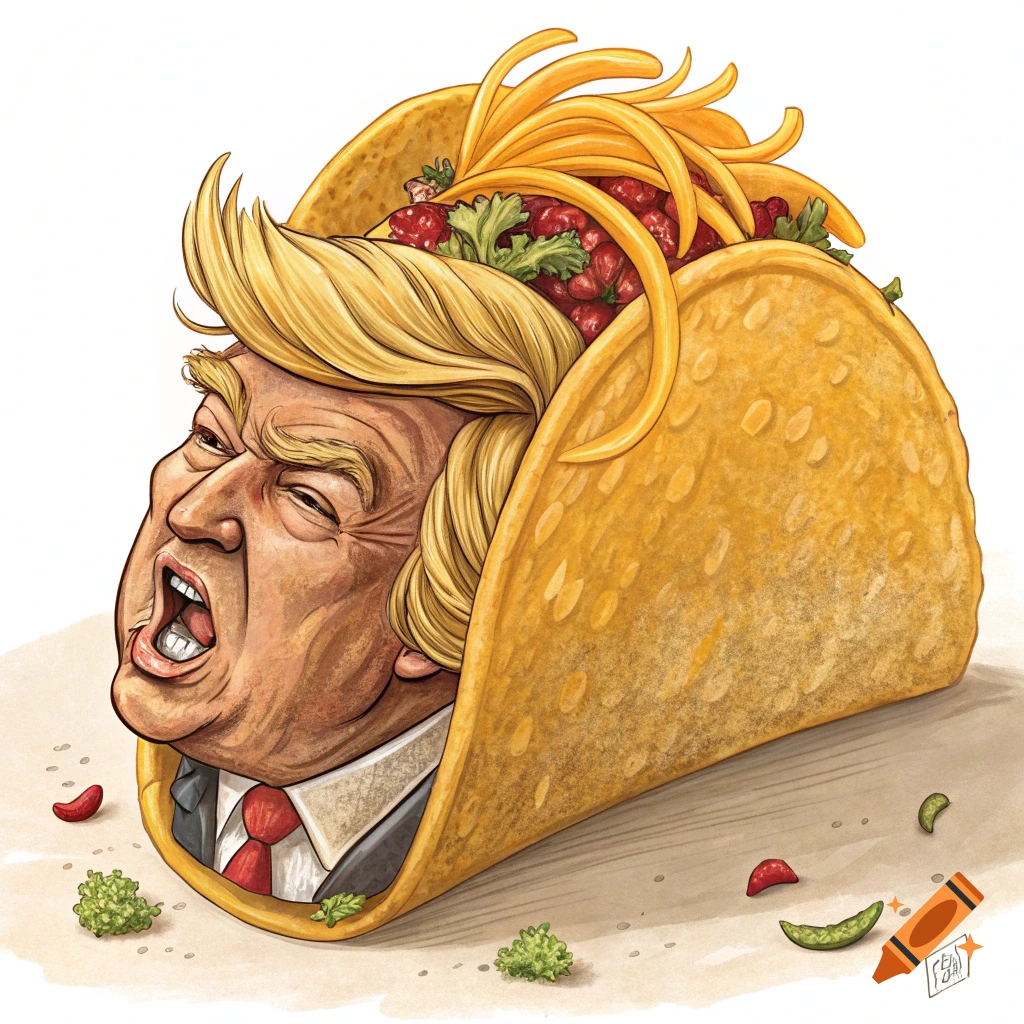 Illustration of a caricature of Donald Trump's head inside a taco shell ...